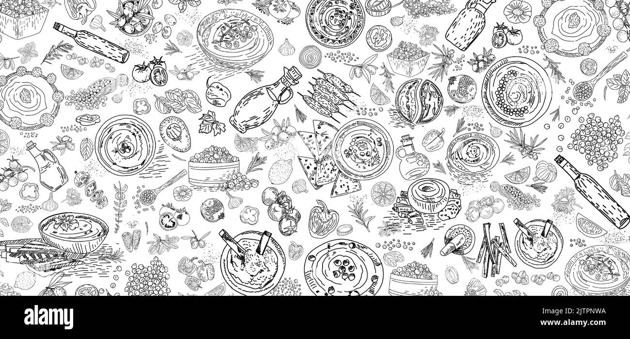 Hummus hand drawn vector seamless pattern. Healthy food. Mediterranean ...
