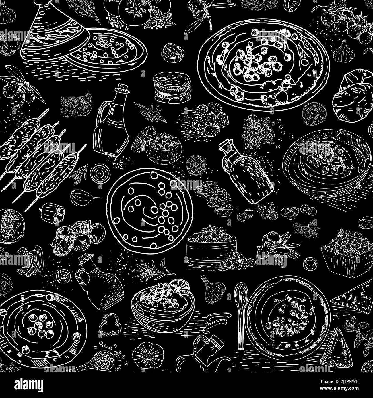 Hummus hand drawn vector seamless pattern. Healthy food. Mediterranean ...