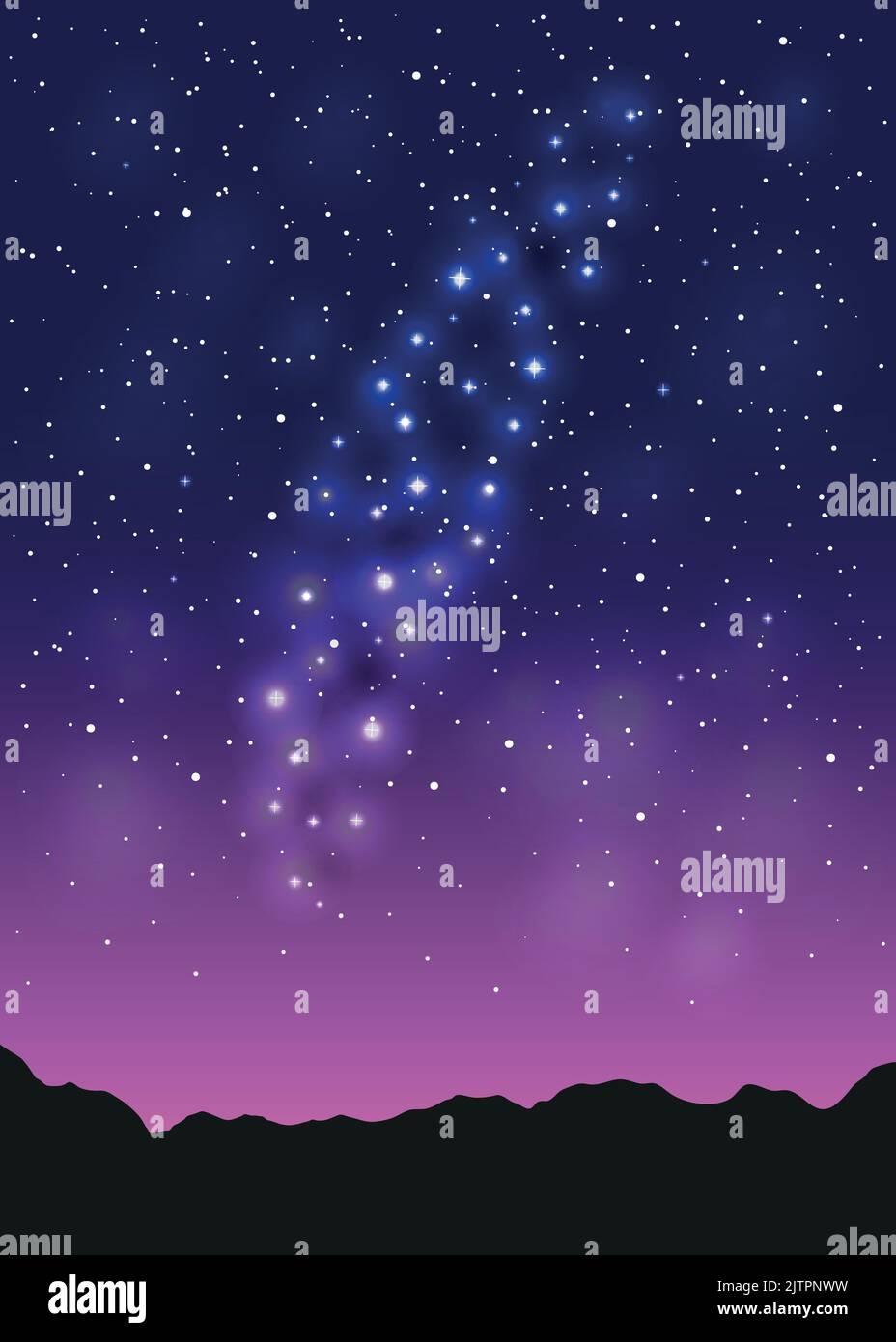 Violet space landscape with milky way, mountains silhouette, and stars ...