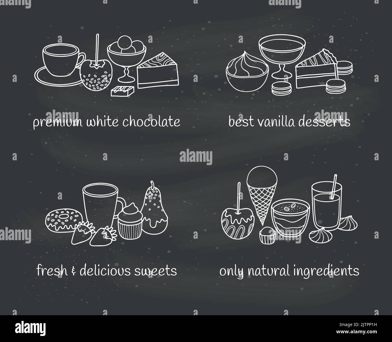 Different groups of desserts and sweets in white chocolate isolated on ...