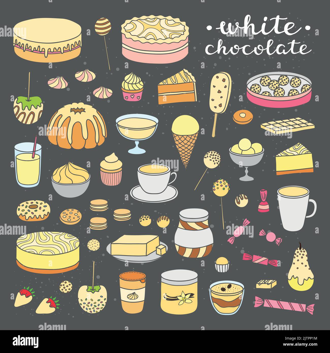 Collection of colored doodle white chocolate and vanilla products ...