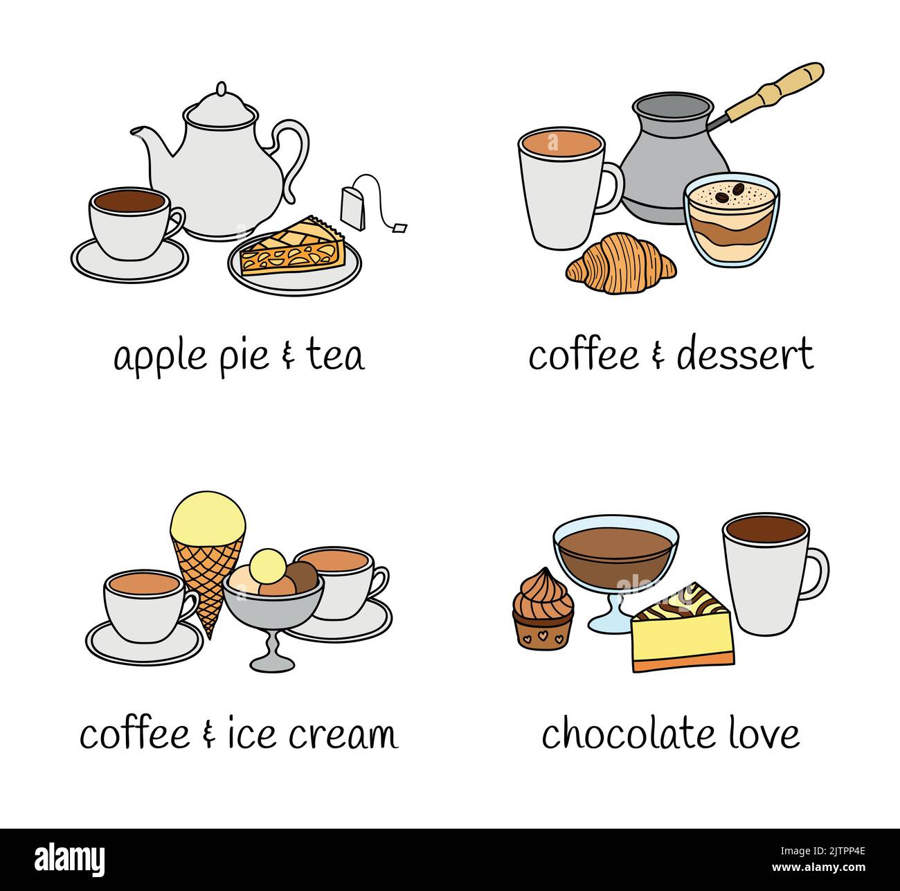 Different groups of desserts and beverages isolated on white background. Vector hand drawn ...