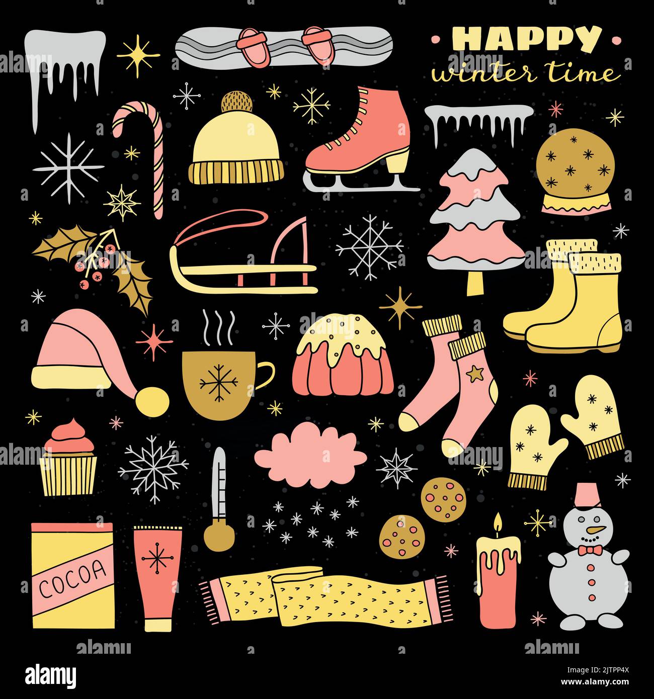 Collection of cute hand drawn winter items isolated on black background ...