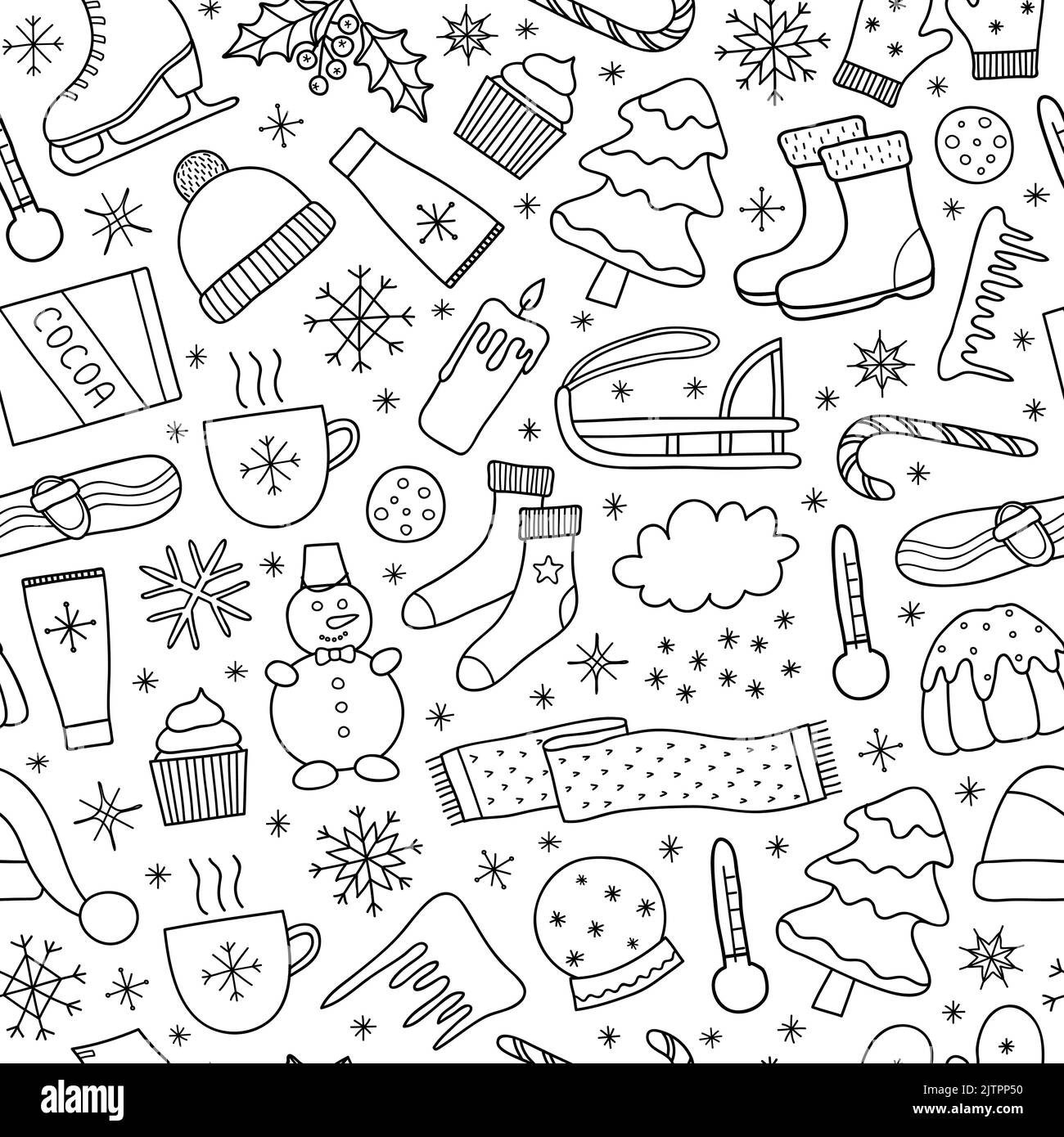 Black and white seamless pattern with doodle outline winter items Stock ...