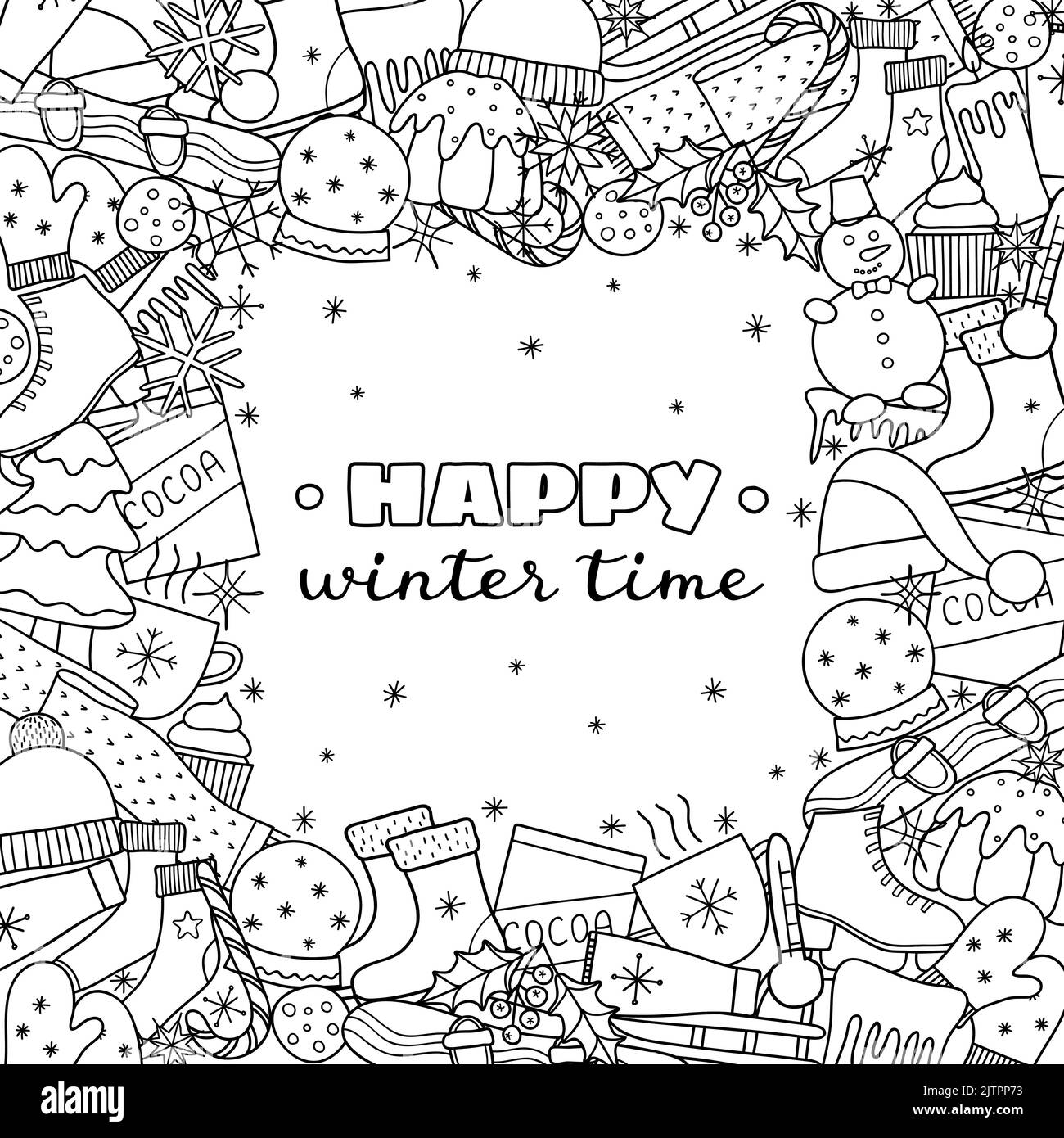 Square background with different uncolored hand darwn winter items and ...