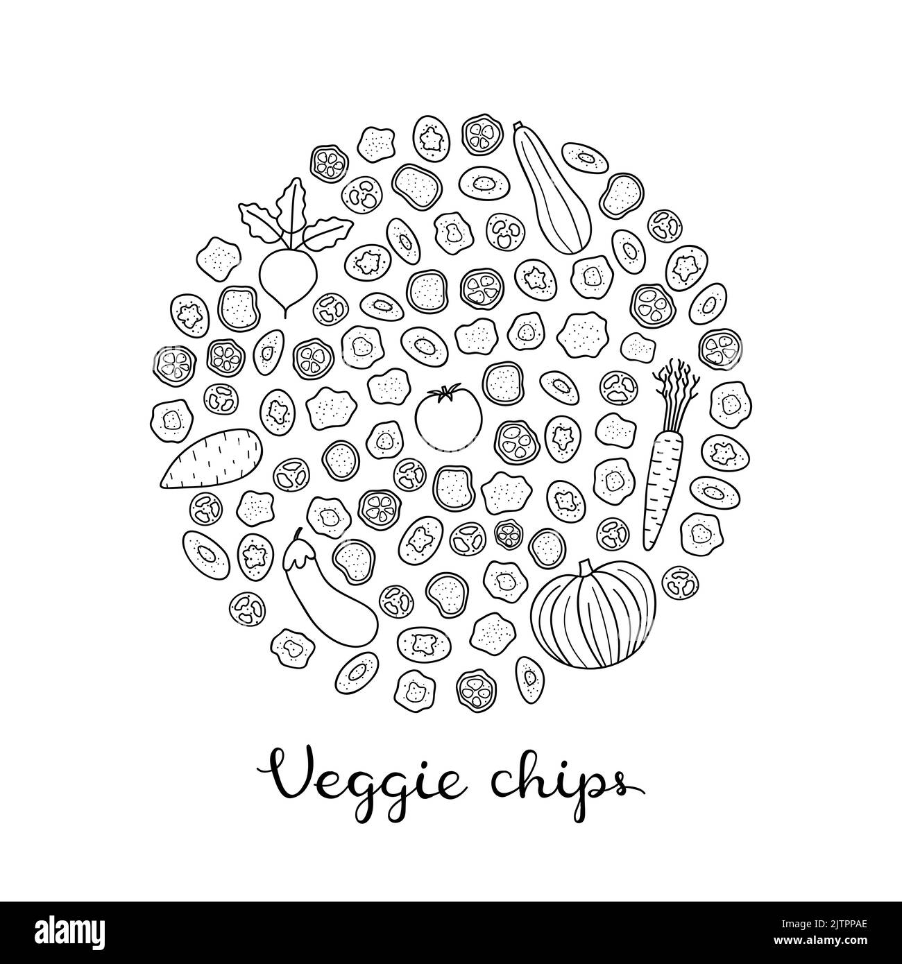Different doodle outline veggie chips composed in circle shape with ...