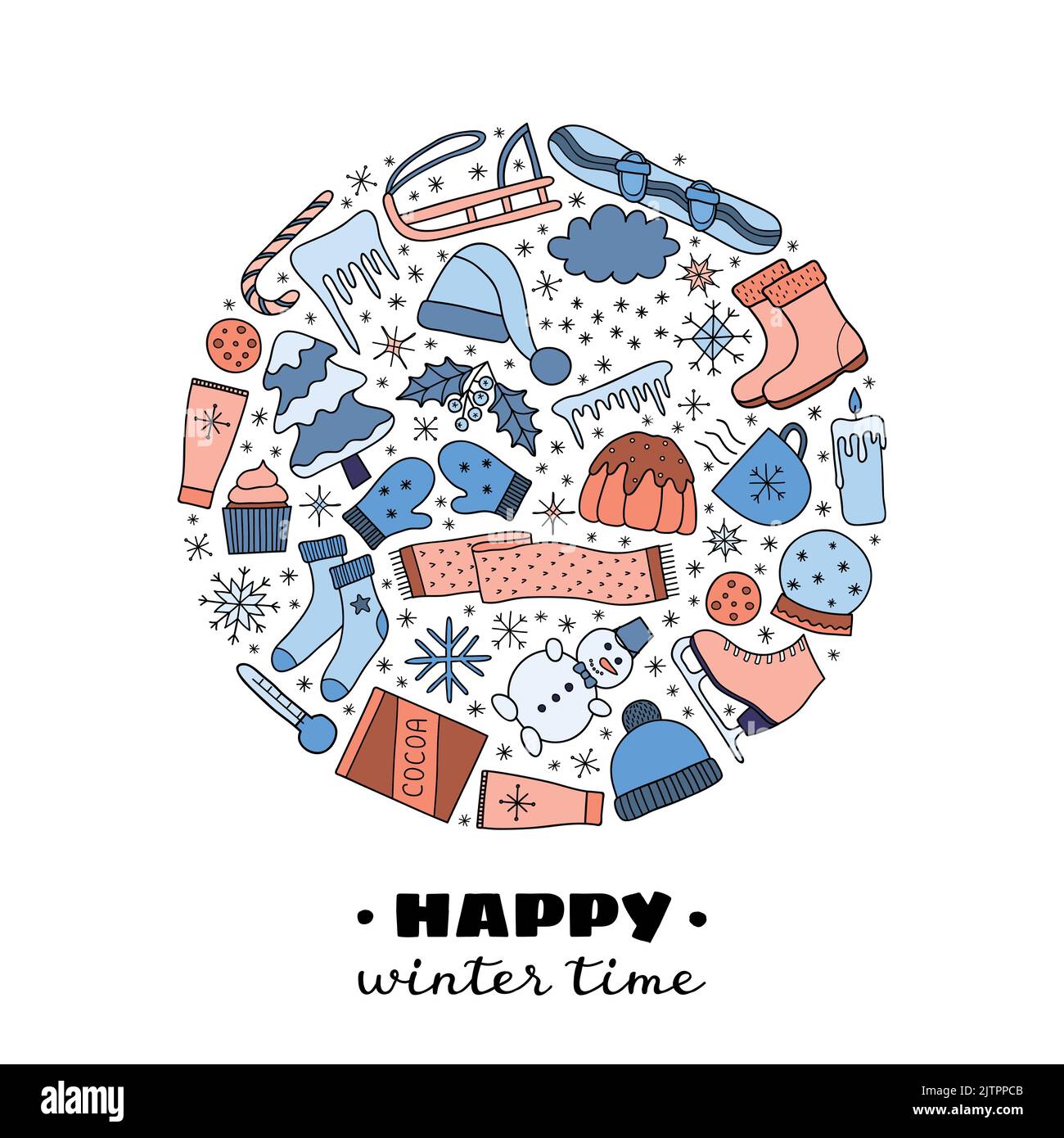 Hand drawn colorful winter items composed in circle shape Stock Vector ...