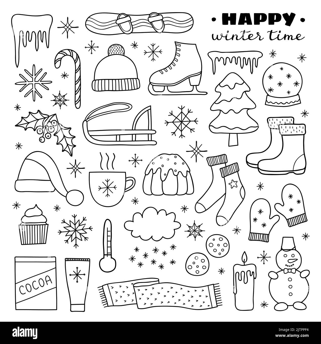 Collection of cute hand drawn outline winter items isolated on white ...