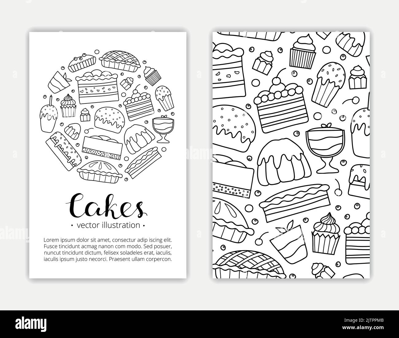 Card templates with doodle outline cakes, desserts and pies. Used ...