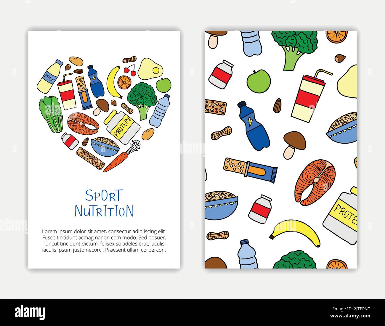 Card templates with doodle colored sports nutrition products. Used ...