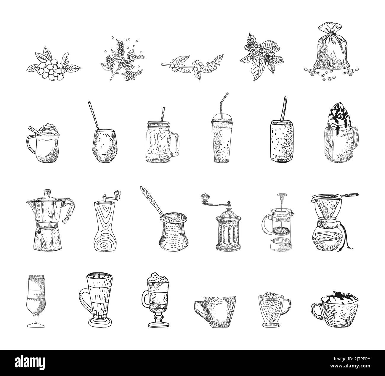 Coffee Hand Drawn Collection Vector Sketch Illustration Set With Turk Cups Coffee Bag Coffee
