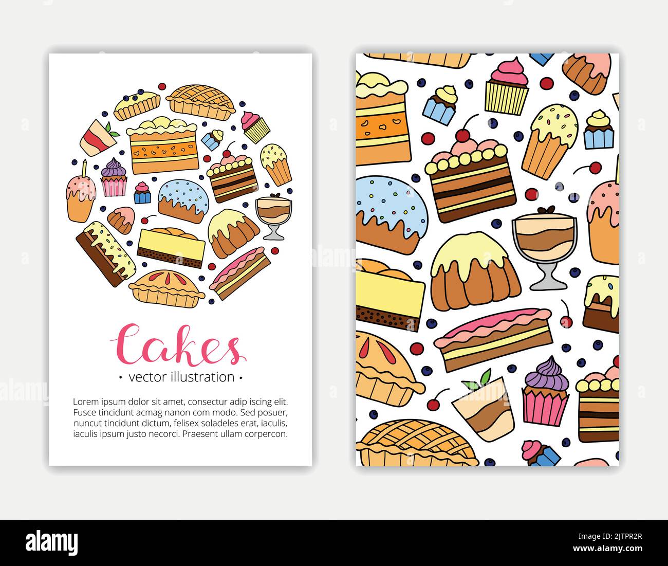 Card templates with doodle colored cakes, desserts and pies. Used ...