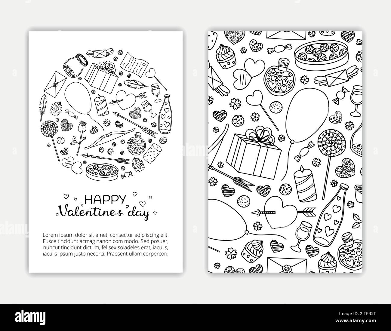 Card templates with doodle outline items for Valentine s day. Used ...