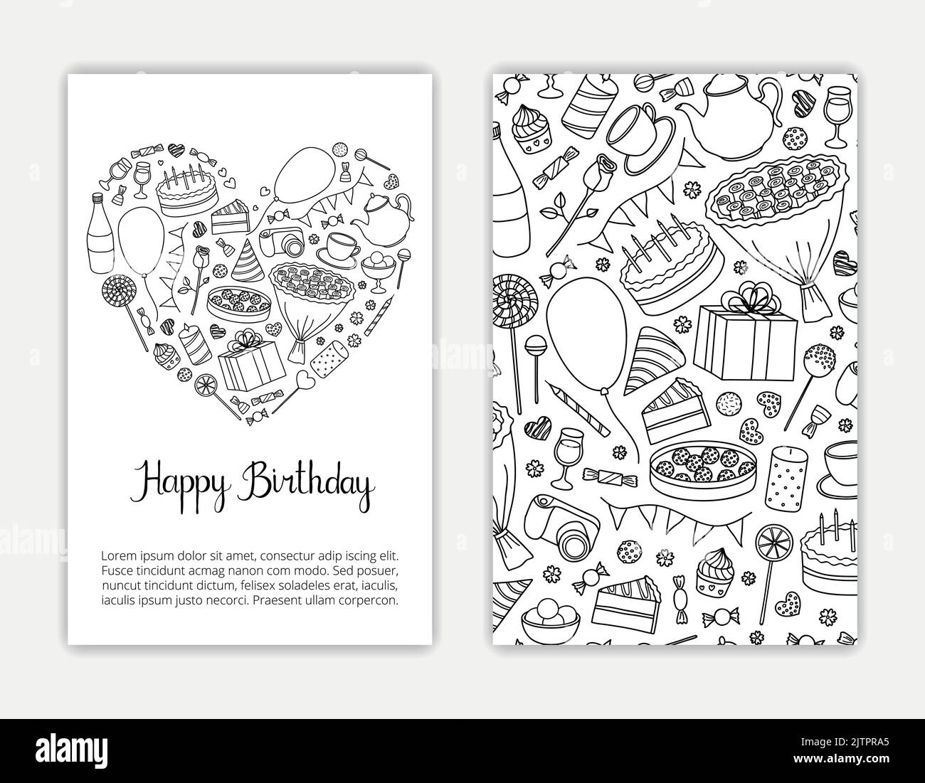 Card templates with hand drawn outline items for birthday, wedding and ...