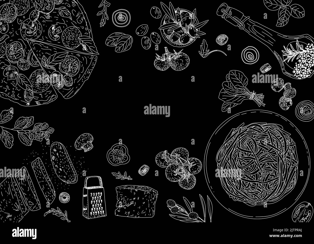 Italian cuisine top view frame. Engraved image. Italian cuisine frame ...