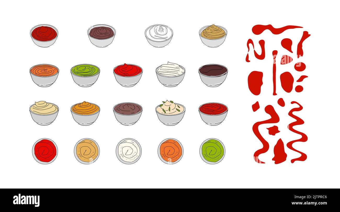 Bowl with sauce set, hand drawn vector design. Fast food menu design ...