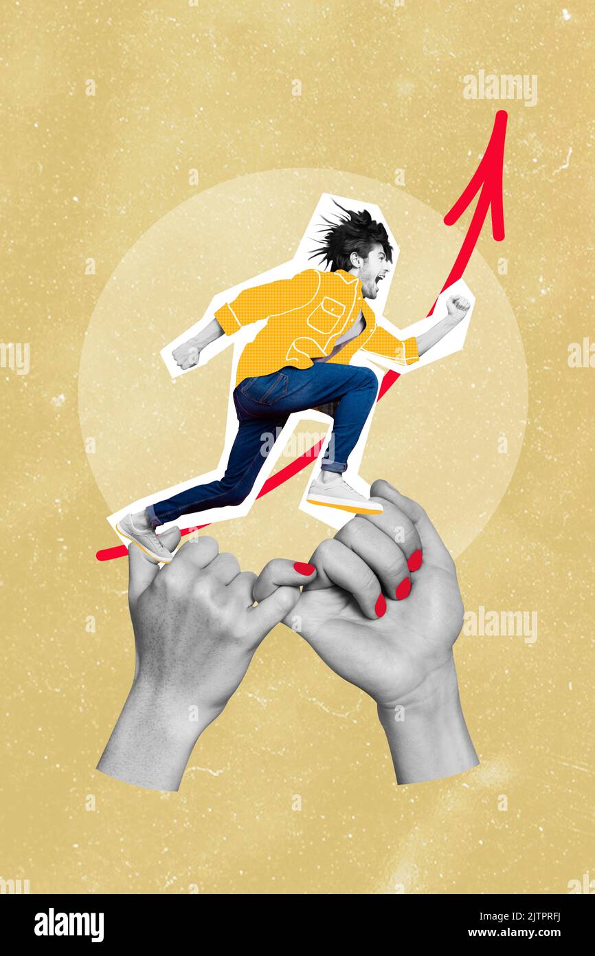 Vertical creative collage image of excited screaming man running fast ...