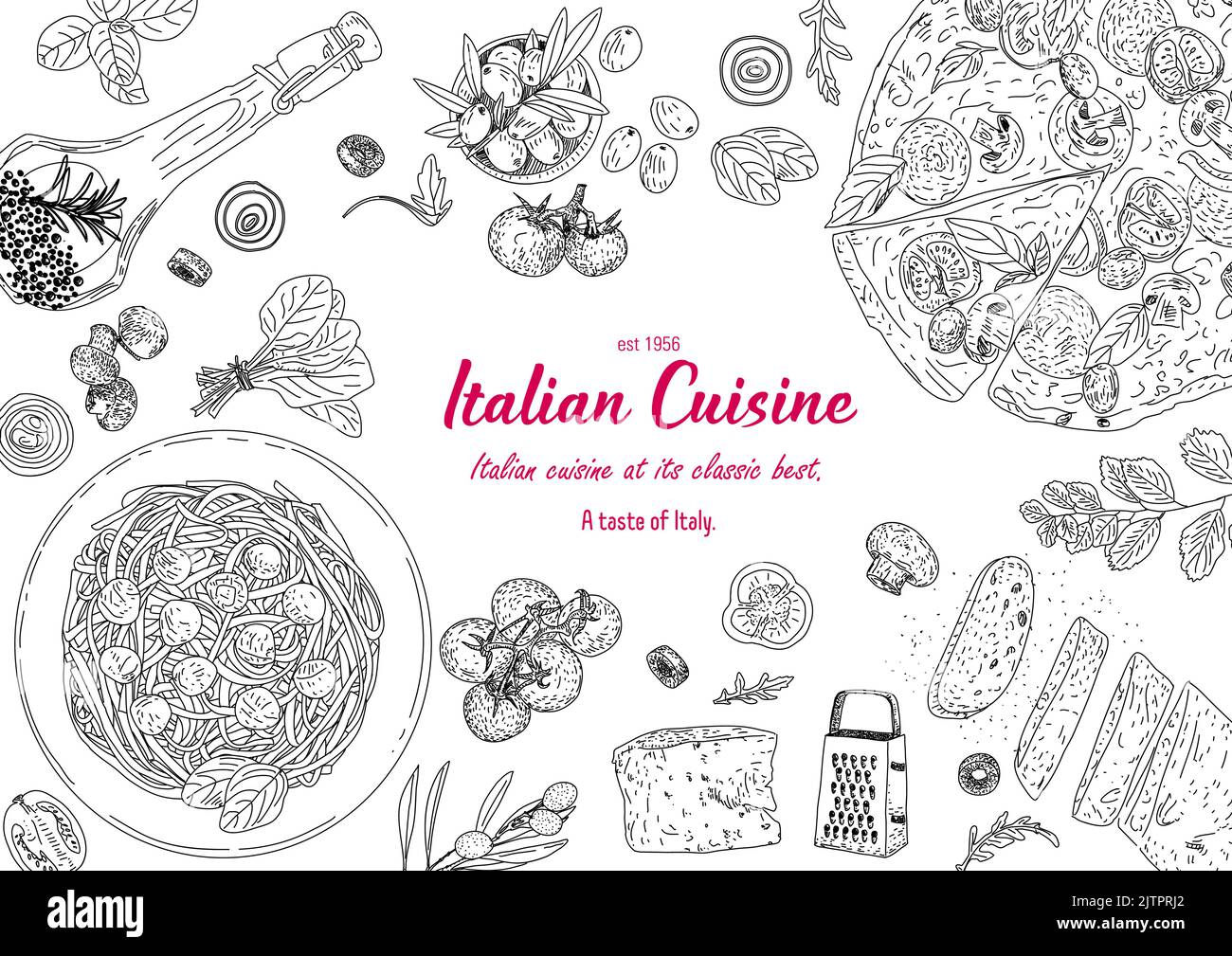 Italian cuisine top view frame. Engraved image. Italian cuisine frame ...