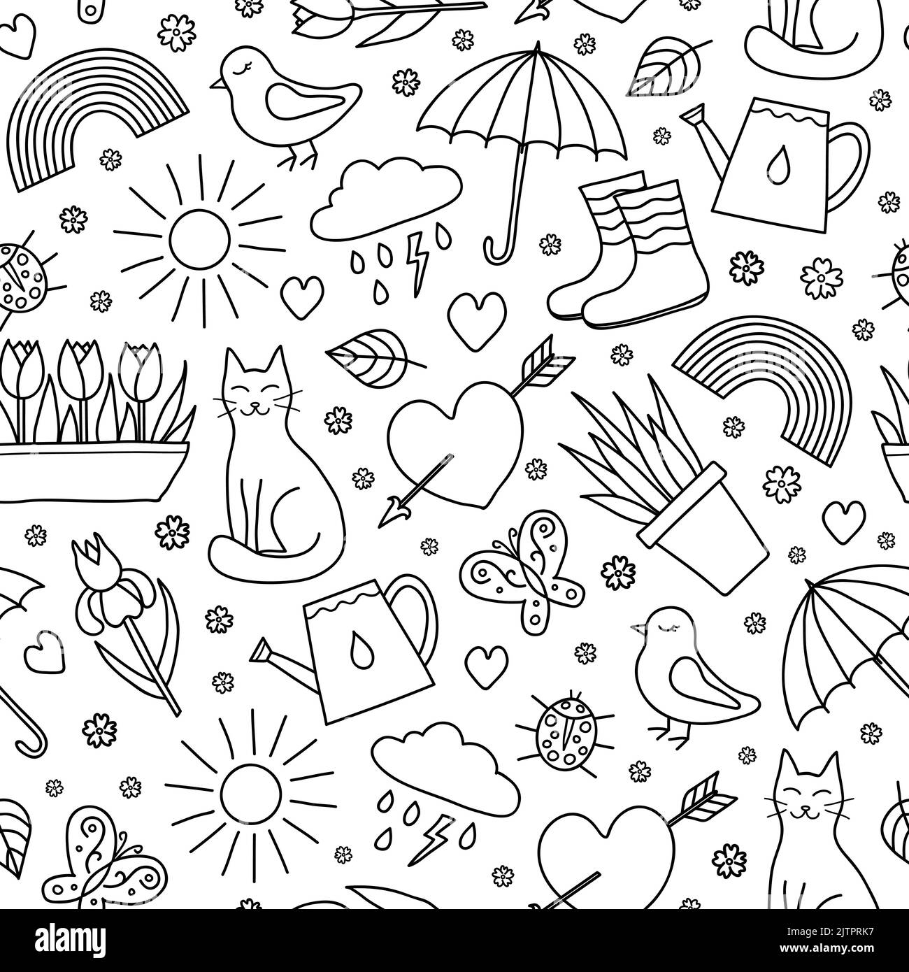 Black and white seamless pattern with doodle outline spring seasonal ...