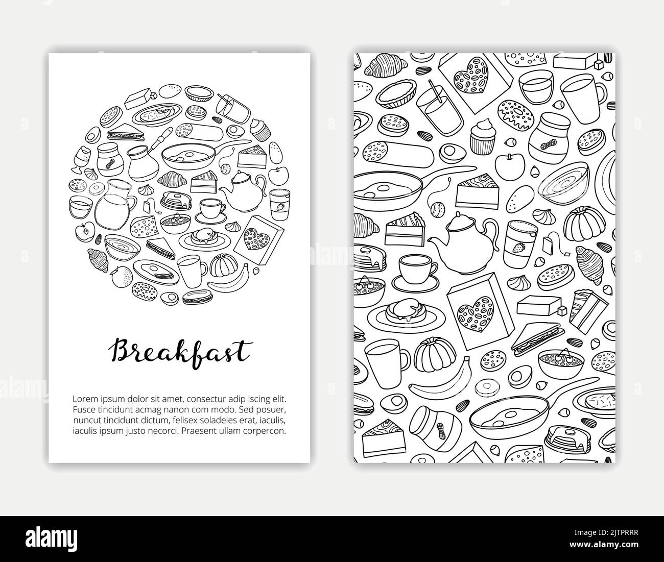 Card templates with hand drawn outline breakfast dishes. Used clipping ...