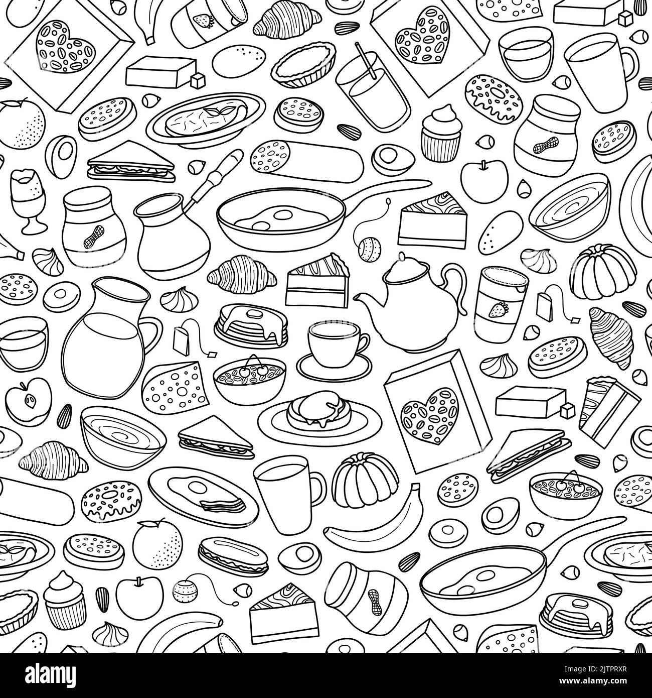 Black and white seamless pattern with hand drawn buffet style breakfast ...