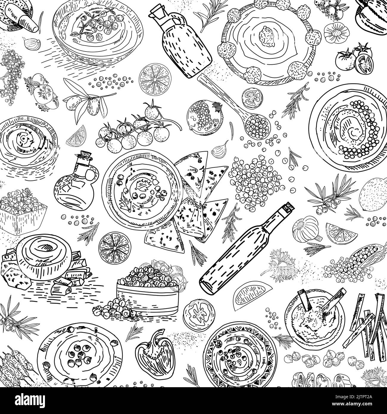 Hummus hand drawn vector seamless pattern. Healthy food. Mediterranean ...