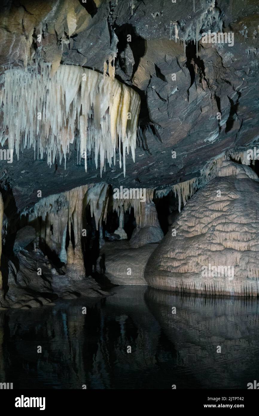The vertical view of the stalactites and walls of a cave reflecting on ...