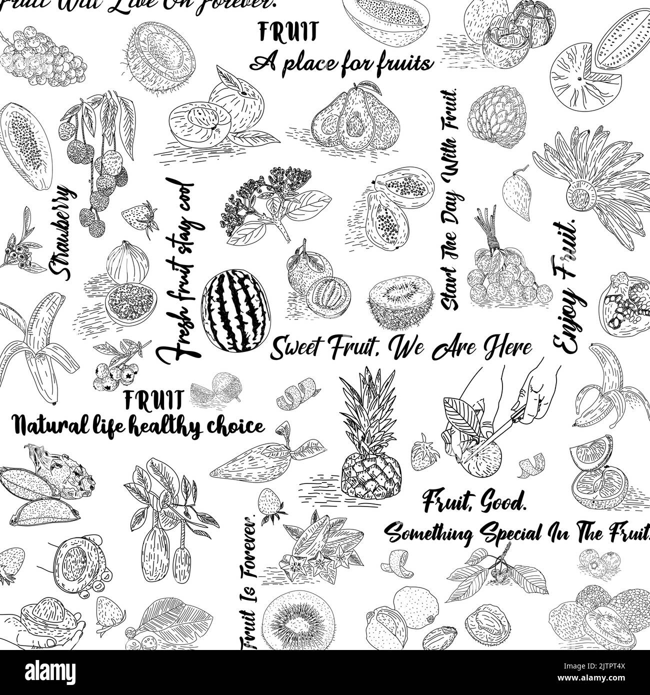 Vector hand drawn fruits pattern. Fruits seamless background. Seamless healthy food background ...