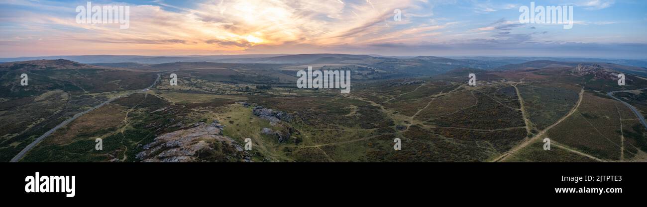 Sunset over Haytor Rocks from a drone, Dartmoor Park, Devon, England ...