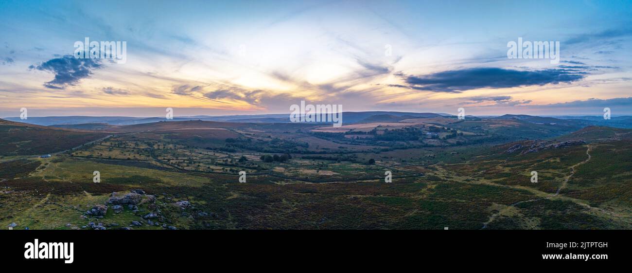 Sunset over Haytor Rocks from a drone, Dartmoor Park, Devon, England ...