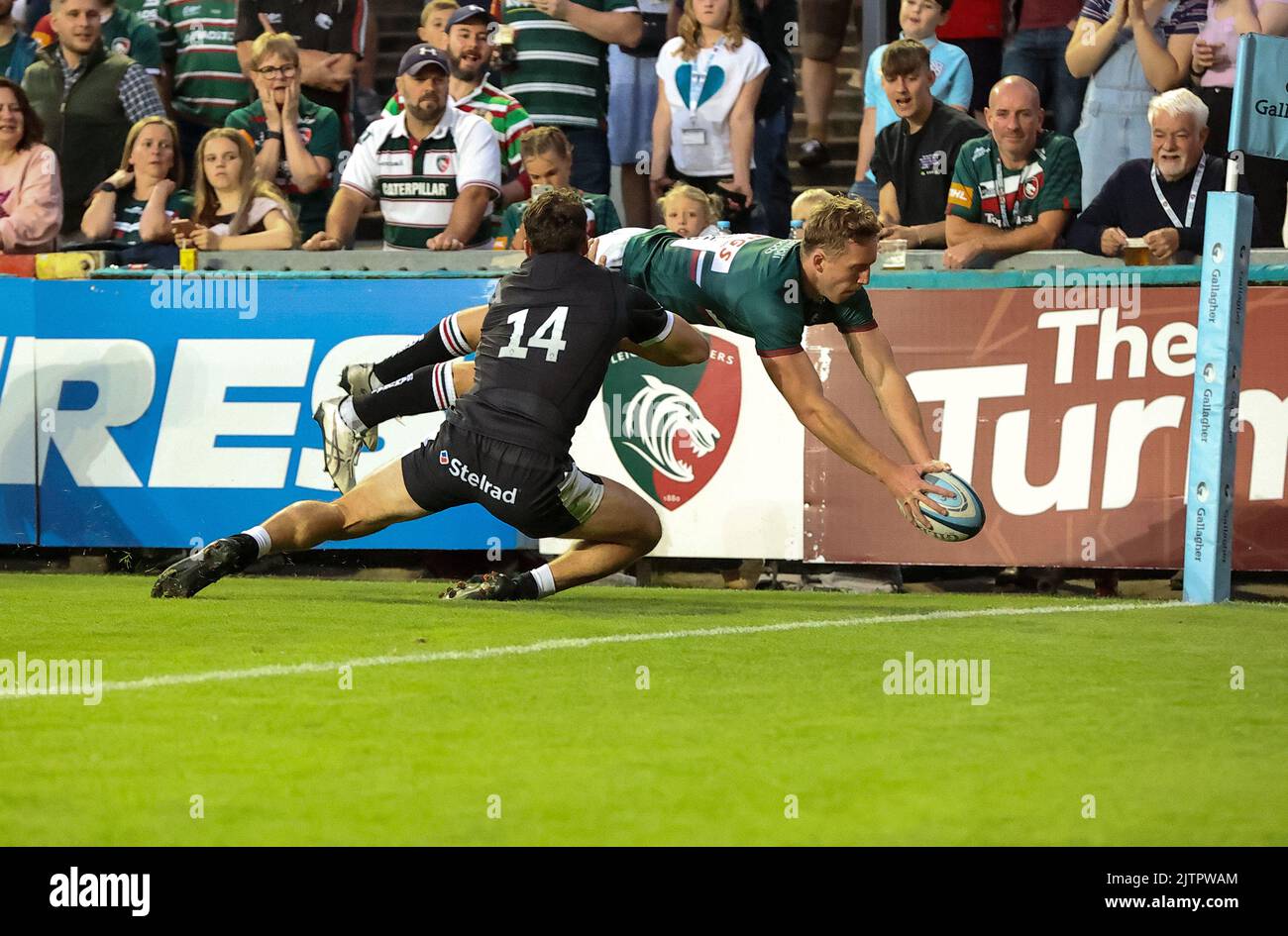 26.8.2022 Leicester, England. Rugby Union. Tigers wing Harry Potter ...