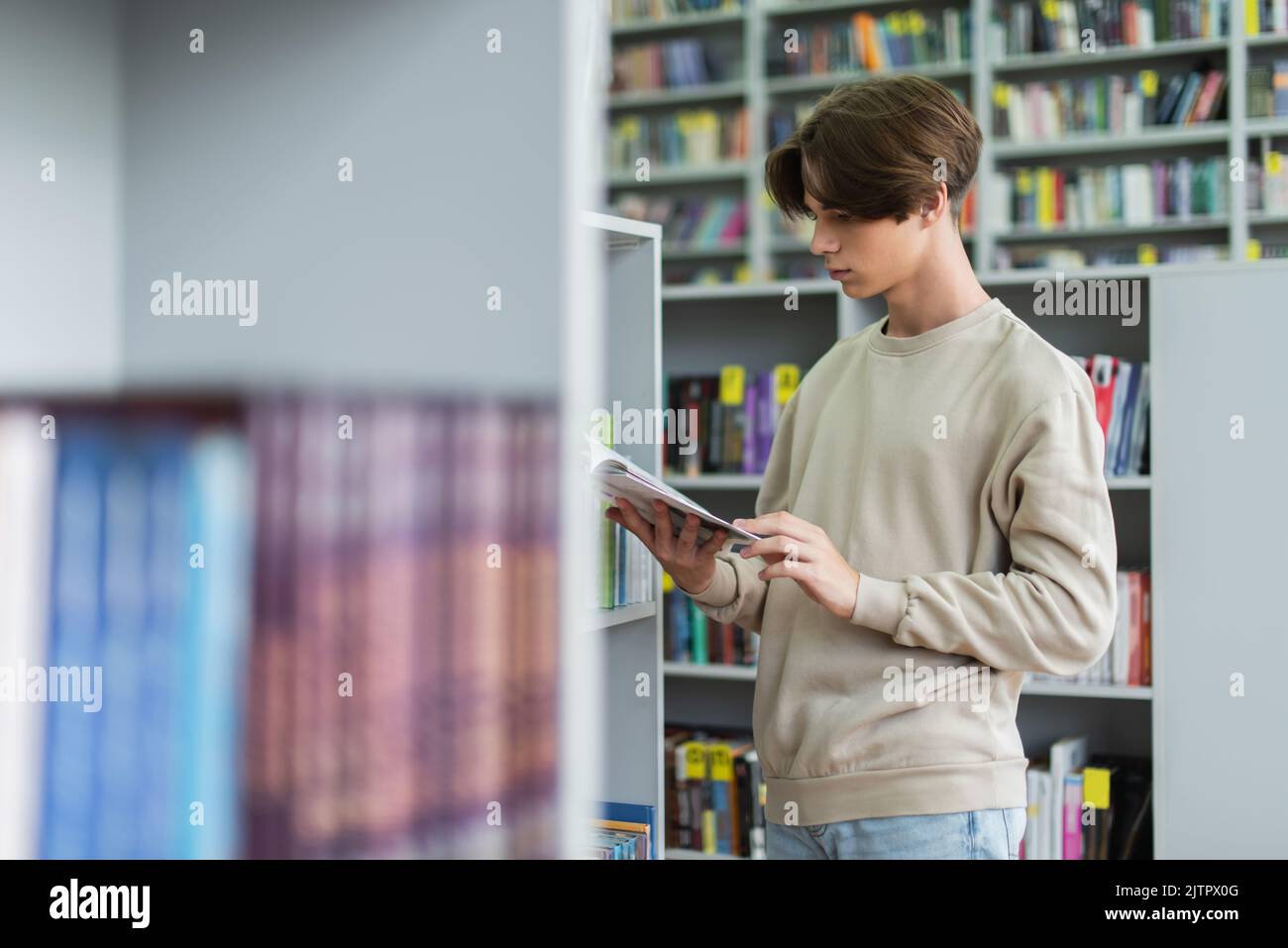 teenage guy reading book in library on blurred foreground,stock image ...