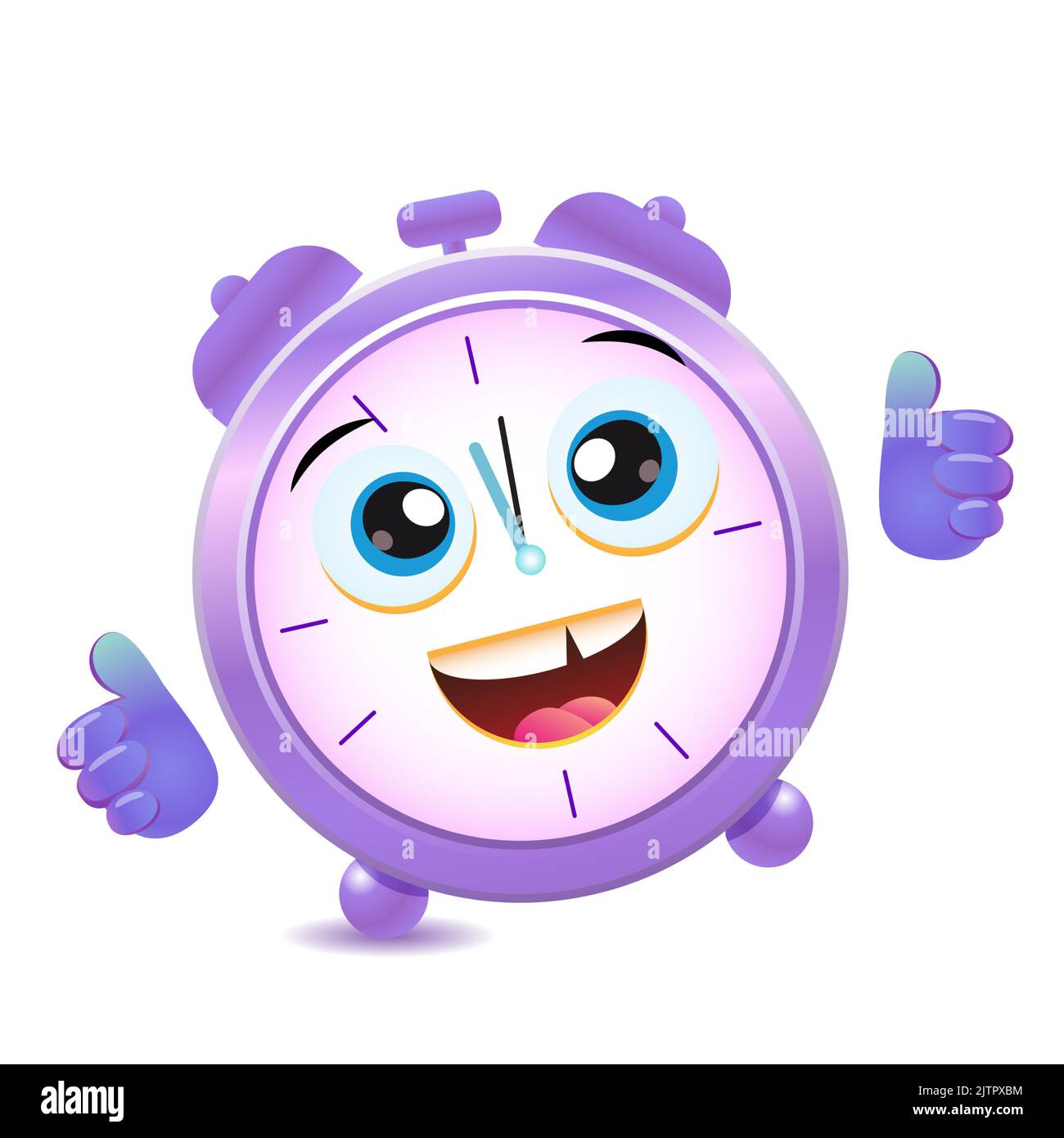 Cute purple Alarm Clock character with eyes and thumbs up hands. Vector ...
