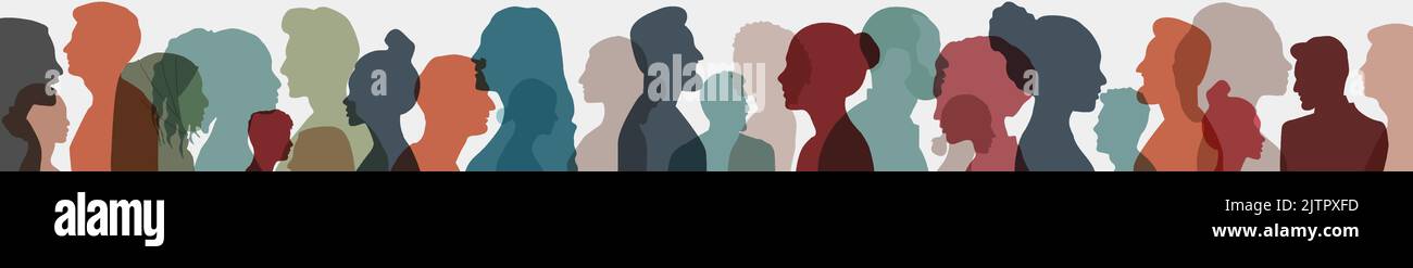 Group side silhouette women and men of different culture and different ...