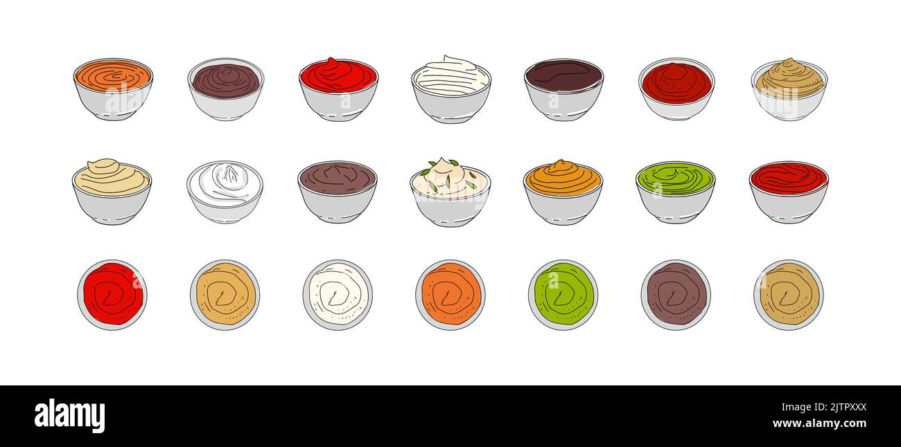 Bowl with sauce set, hand drawn vector design. Fast food menu design ...