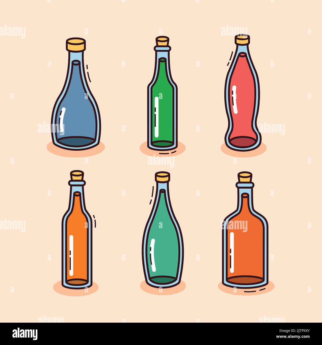 A set of colorful illustrations of bottles in a cartoon style Stock ...