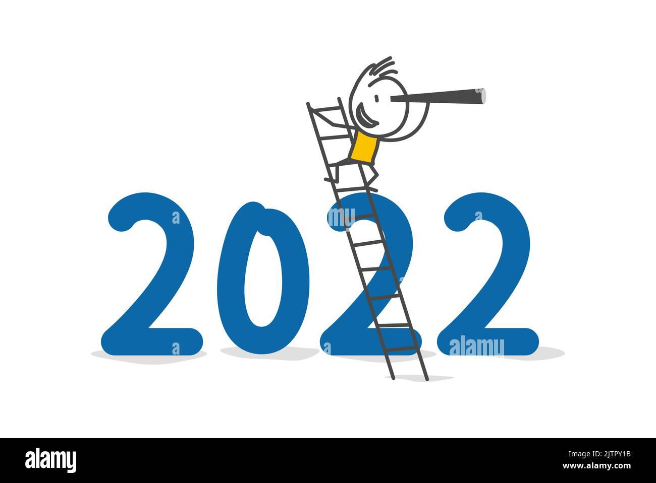 Stick figures. The visionary climbs the ladder to see the future ...