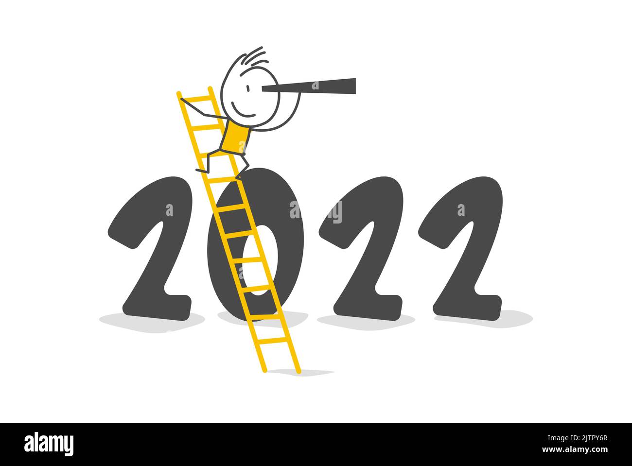 Stick figures. The visionary climbs the ladder to see the future ...