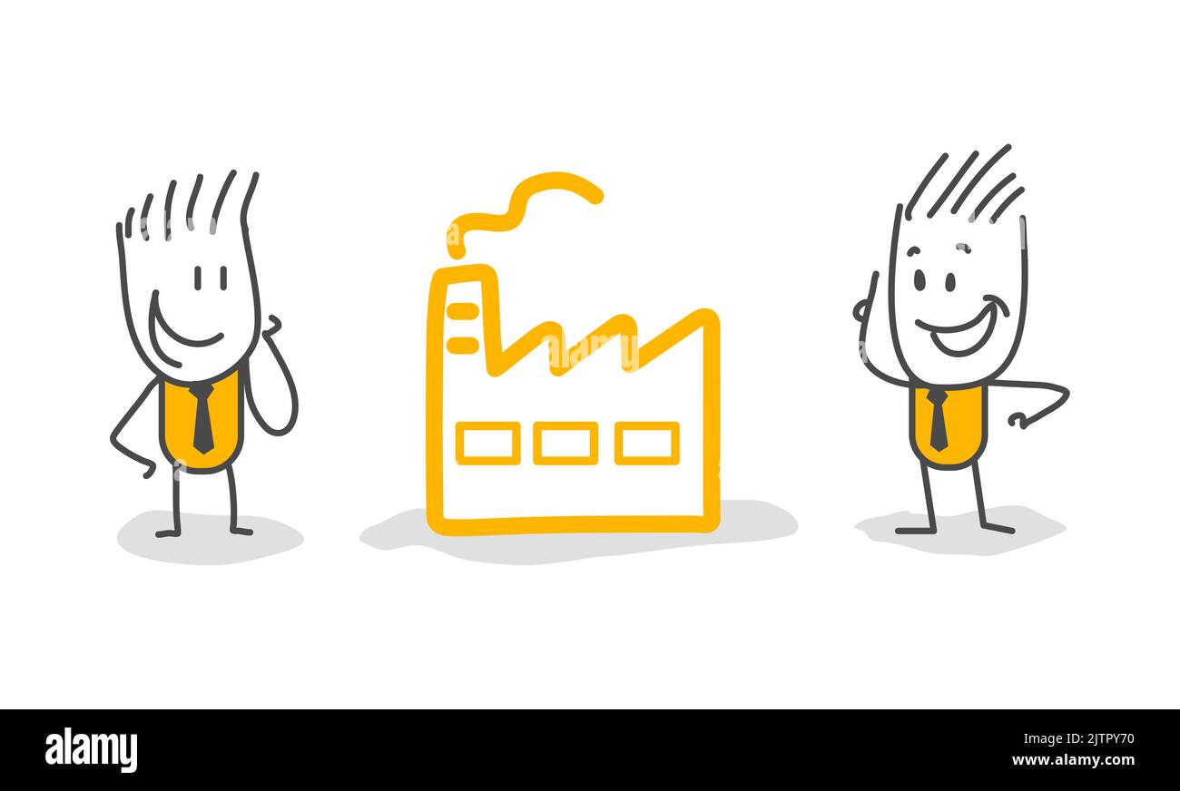 Stick figures. Two businessmen looking at the factory and sharing their ...