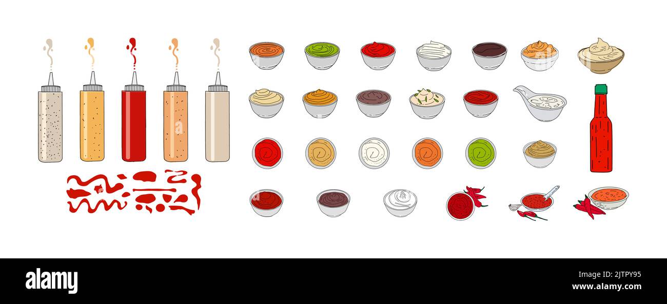 Bowl with sauce set, hand drawn vector design. Fast food menu design ...