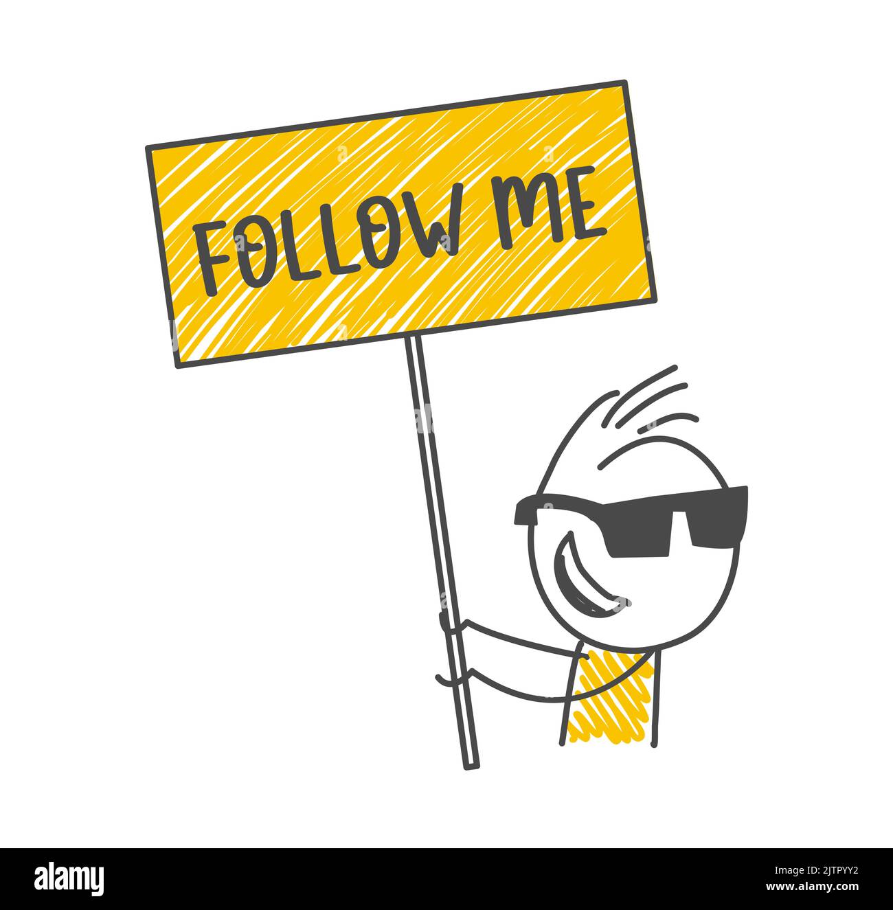Stick figures. Social media. Man holding placard with text Follow me ...