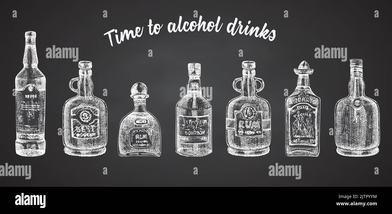 Set hand drawn sketch glasses bottle alcoholic drinks on chalckboard ...