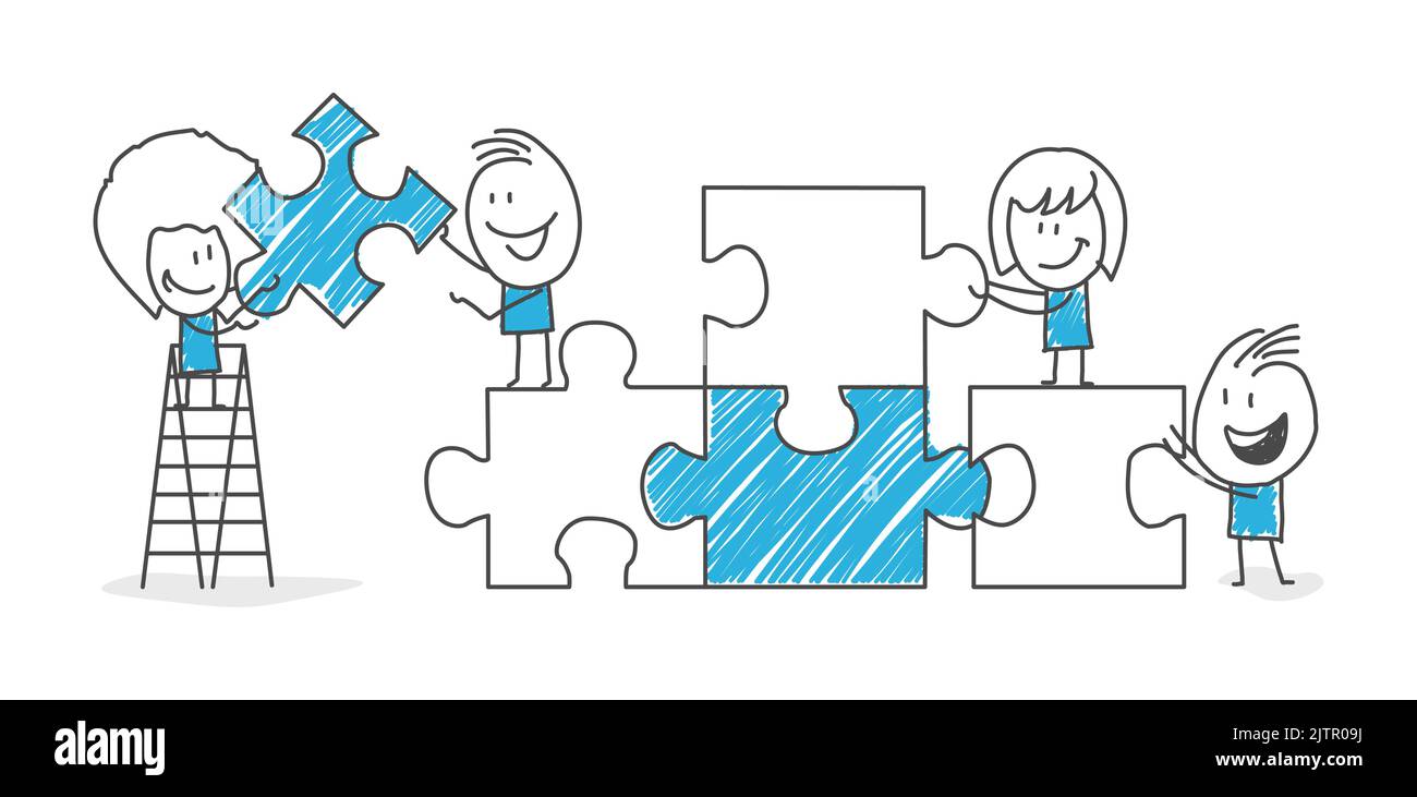 Stick figures. People connecting puzzle elements. Symbol of teamwork ...