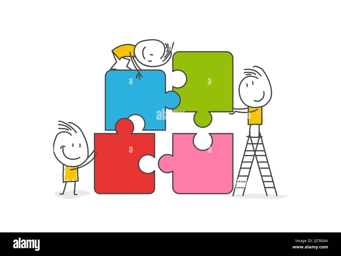 Stick figures. People connecting puzzle elements. Symbol of teamwork ...