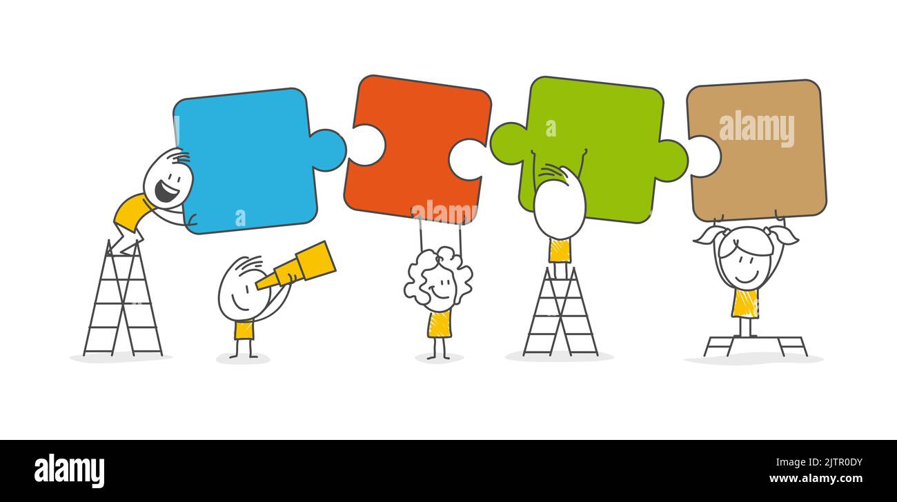 Stick figures. People connecting puzzle elements. Symbol of teamwork ...
