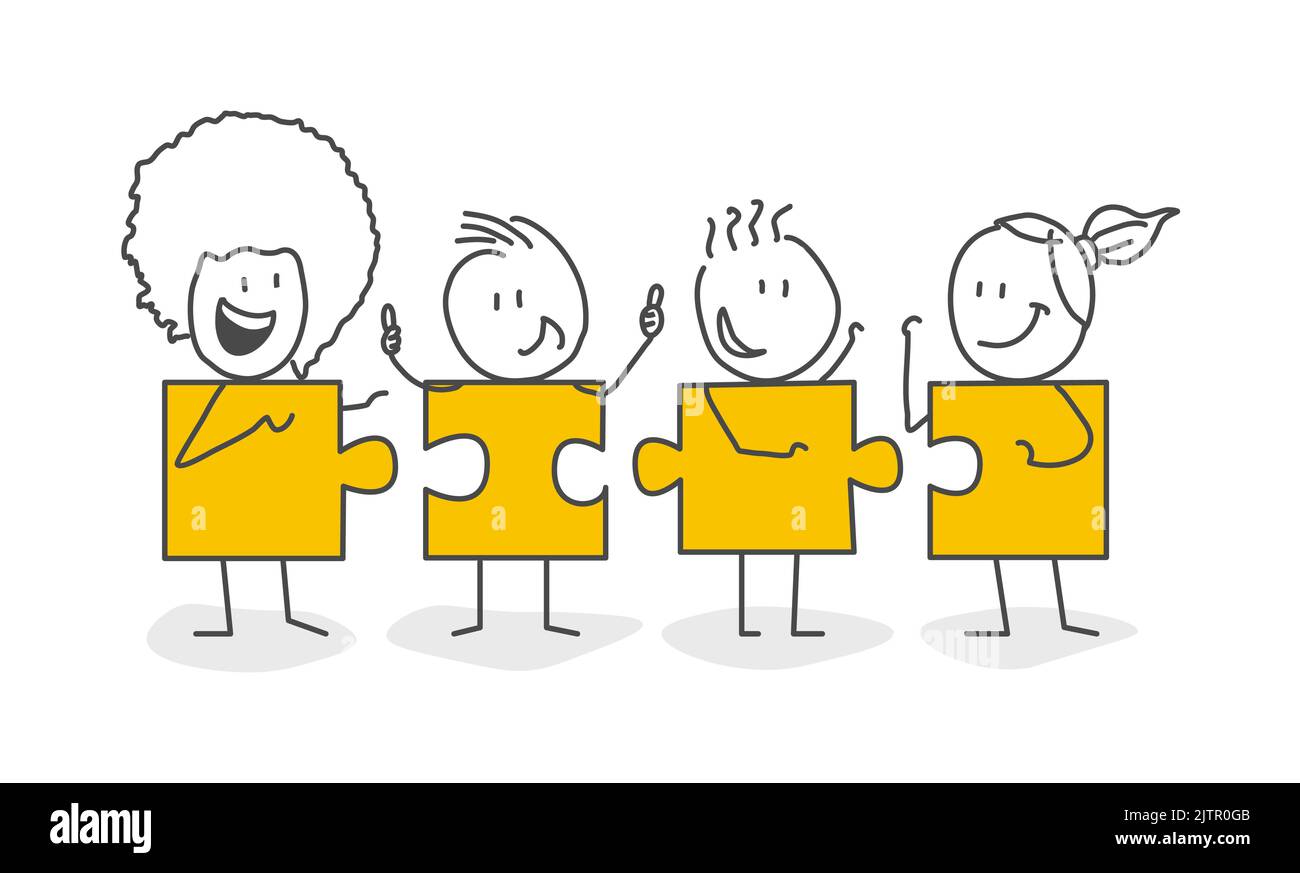 Stick figures. People connecting puzzle elements. Symbol of teamwork ...
