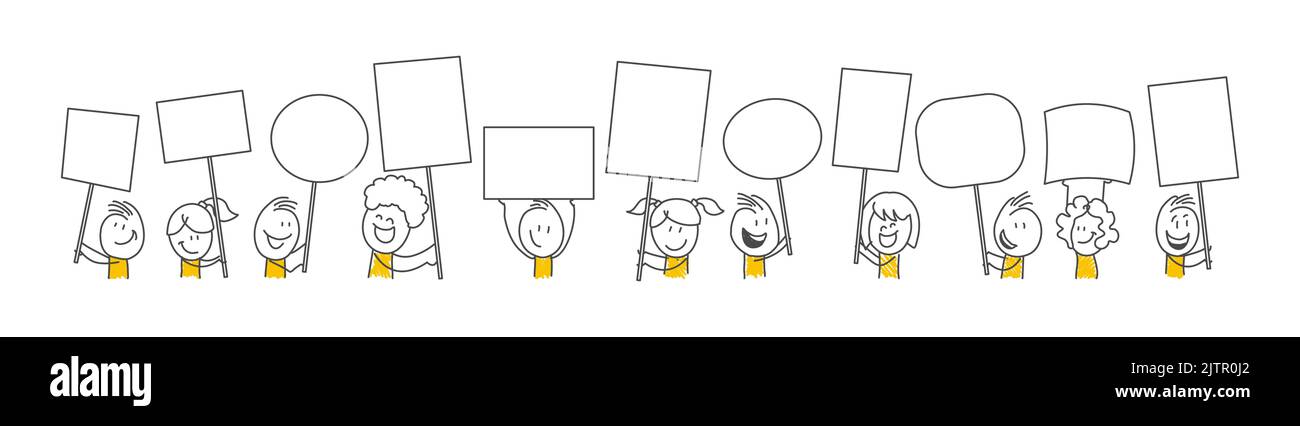 Stick figures. Blank banner set. Vector illustration of people holding ...