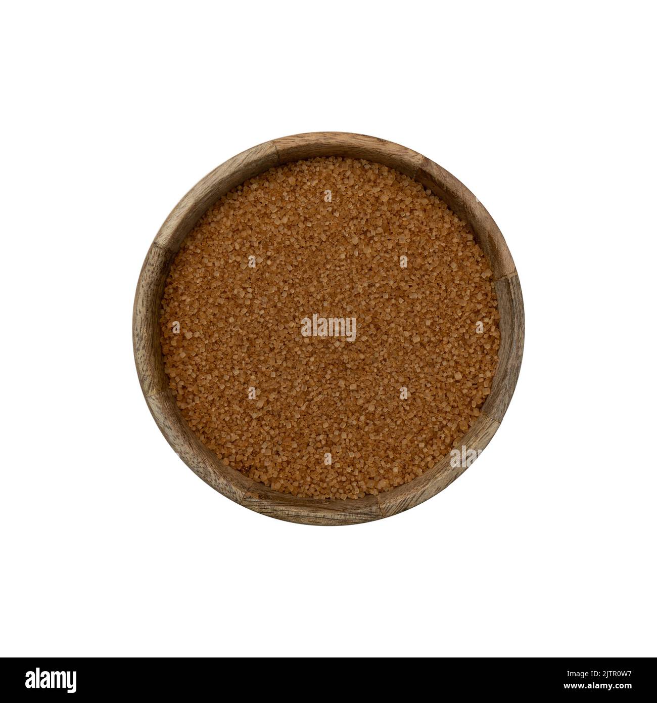 top view of unrefined natural brown sugar in wooden bowl isolated on ...