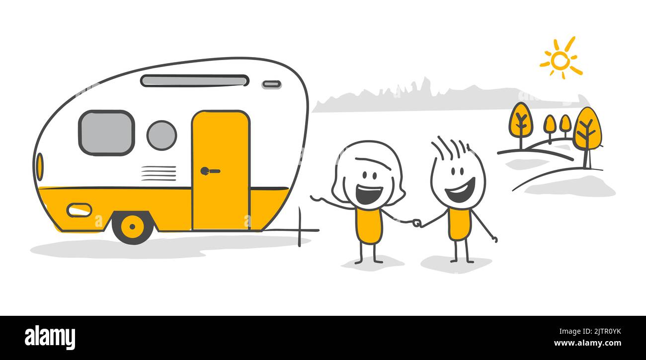 Stick figures. Mobile home for country and nature vacation. Road home ...