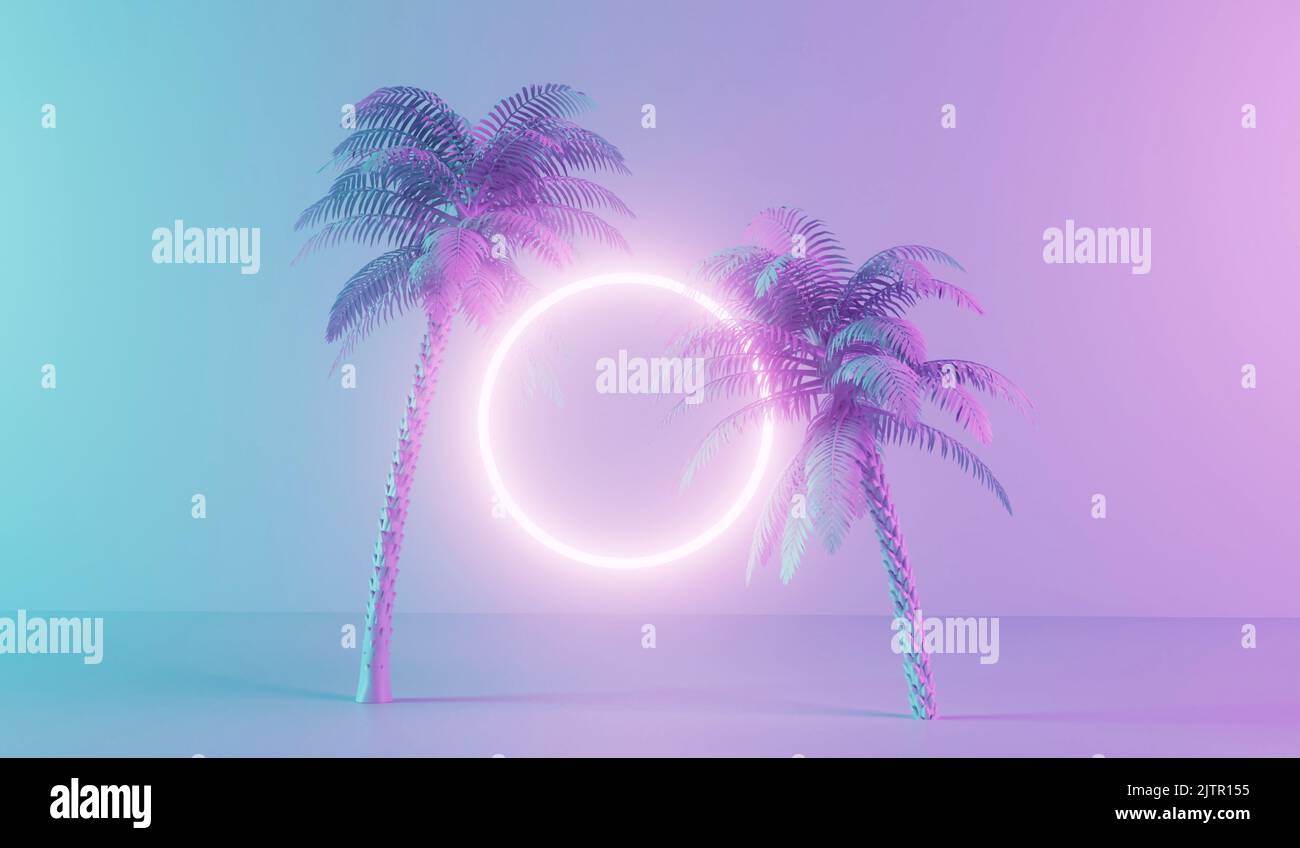 Modern trendy neon glowing light with tropical palm trees. 3D Rendering ...